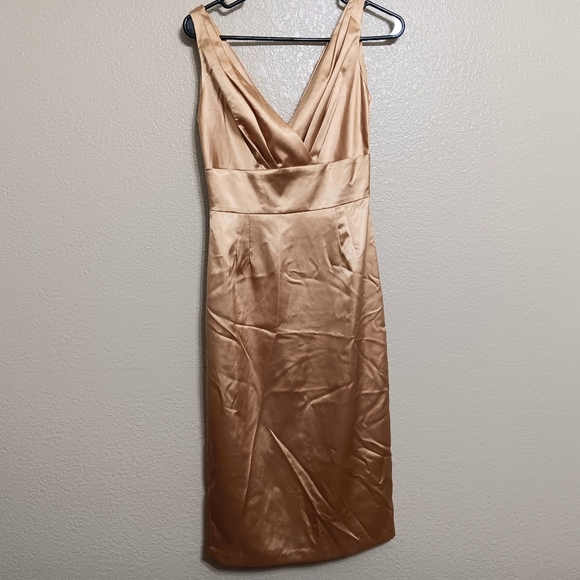 Stop Staring | Dresses | Stop Staring Gold Satin Surplice Midi Dress ...